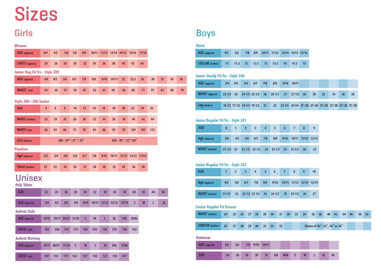 Sizing Chart for Boys and Girls - New Generations